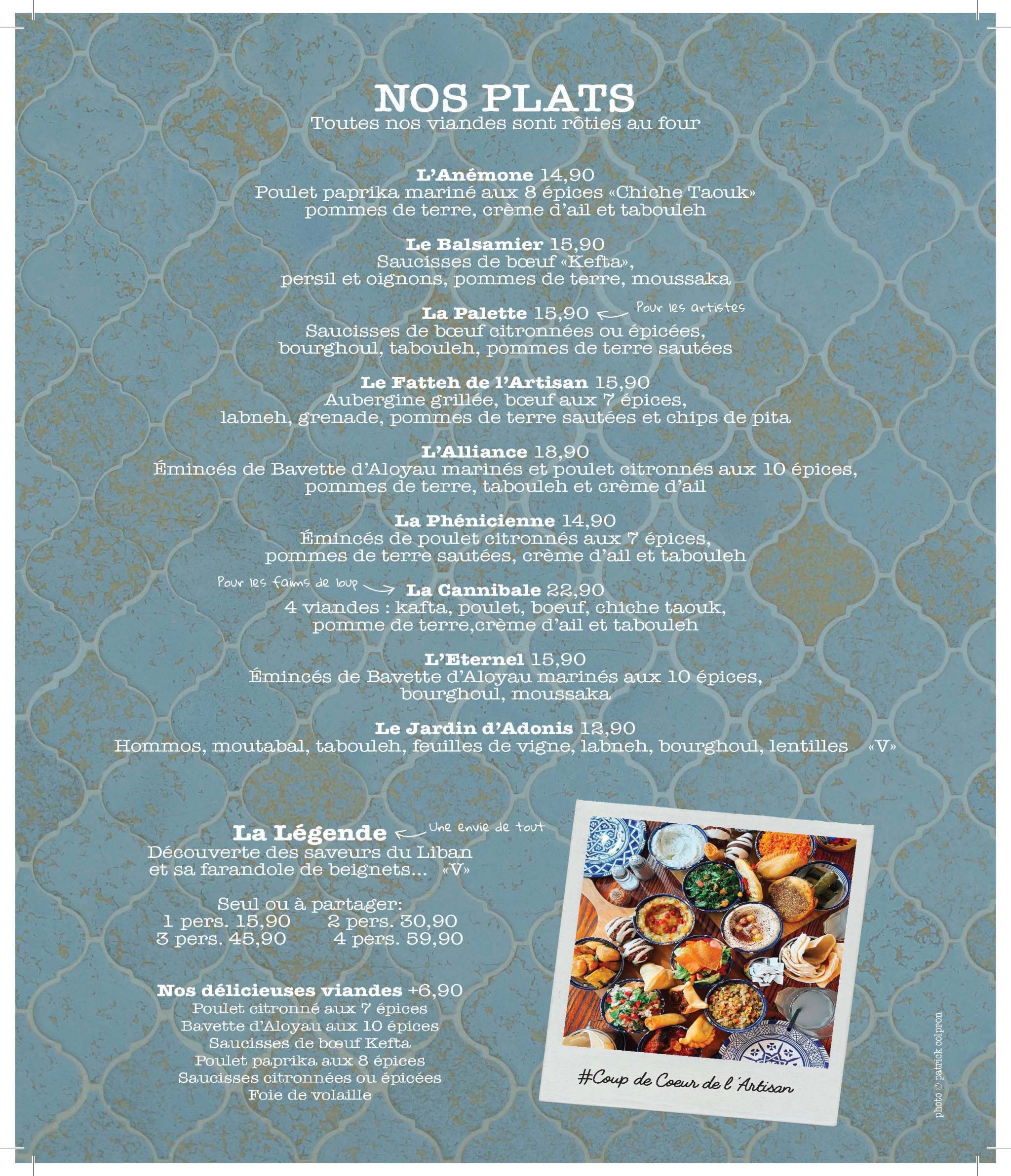 Menu - artisan libanais